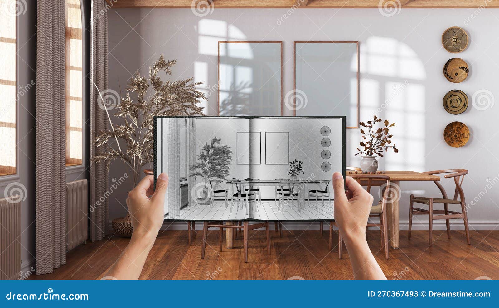 Hands Holding Notepad with Boho Style Dining Room Blueprint Sketch or ...