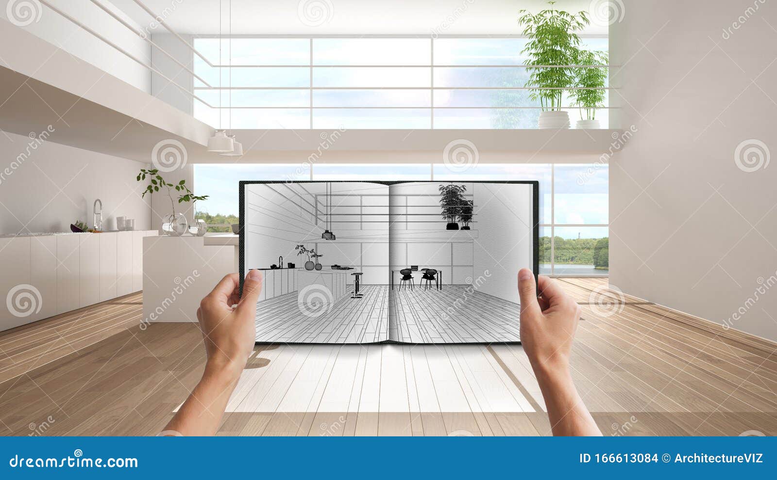 Hands Holding Notepad with Creative Kitchen Design Blueprint Sketch or ...