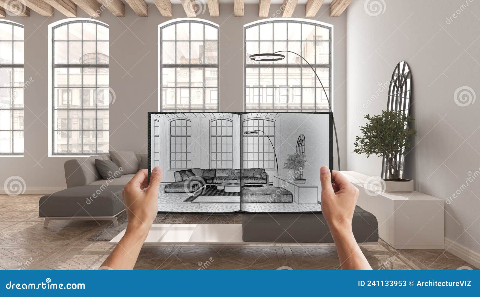 Hands Holding Notepad with Creative Living Design Blueprint Sketch or ...