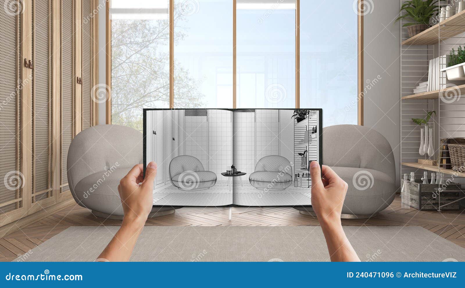 Hands Holding Notepad with Creative Lounge Design Blueprint Sketch or ...