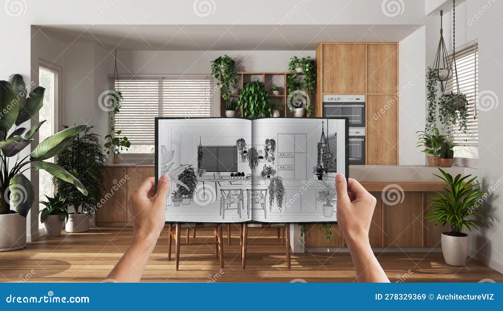 Hands Holding Notepad with Kitchen Design Blueprint Sketch or Drawing ...