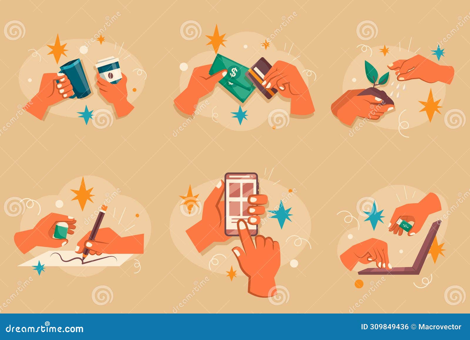 Hands Holding Objects in Flat Design Stock Illustration - Illustration ...
