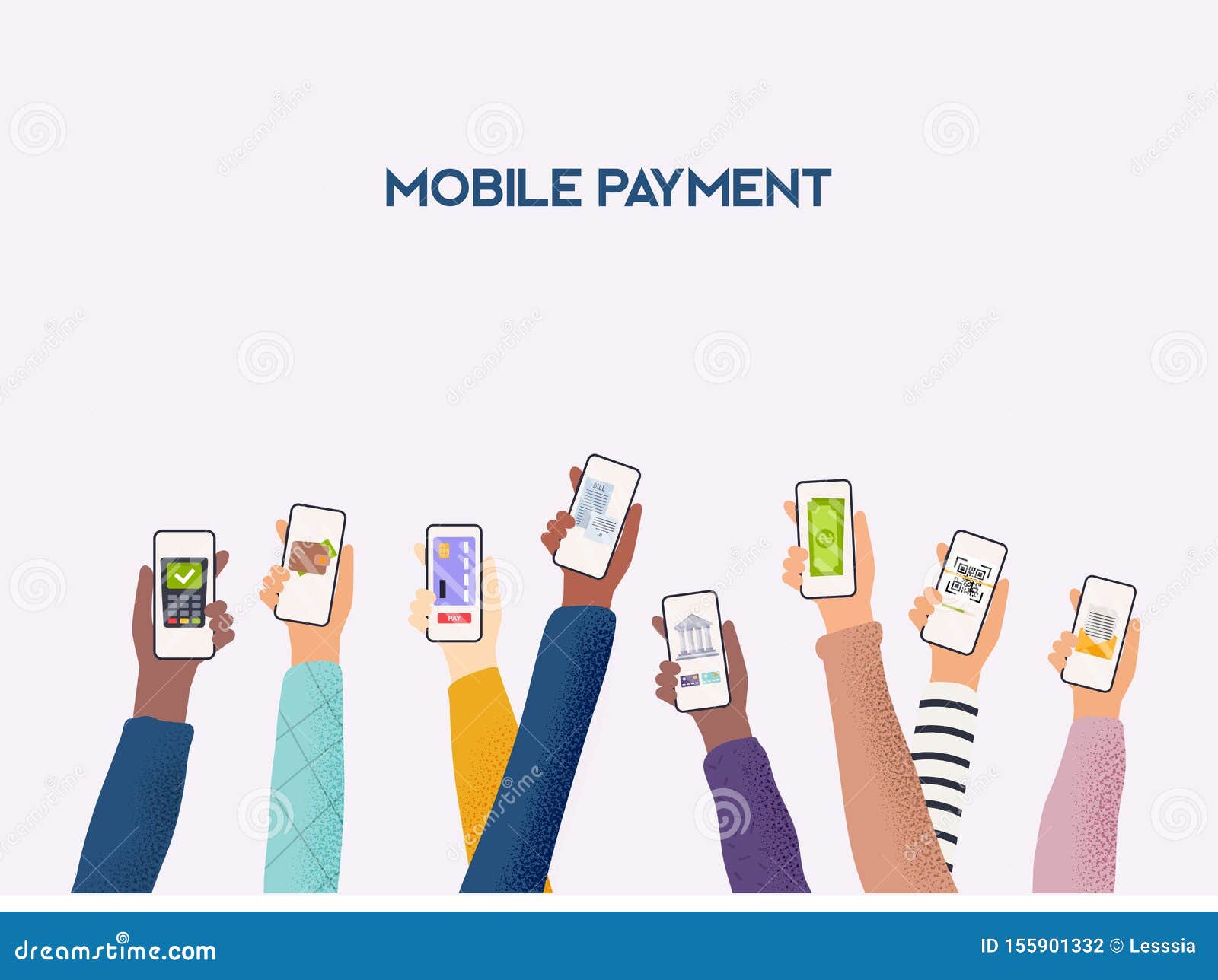 Hands Holding Phones with Differed Type of Payment. Flat Design Vector ...