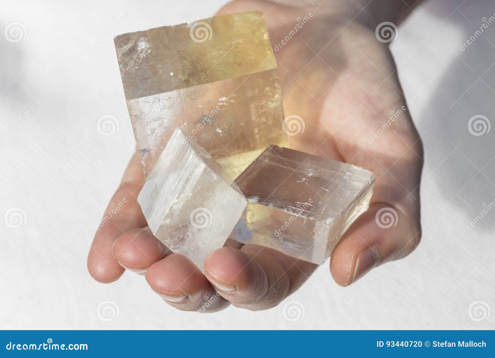 Hands Holding Piece of Optical Calcite Stock Photo - Image of cluster ...