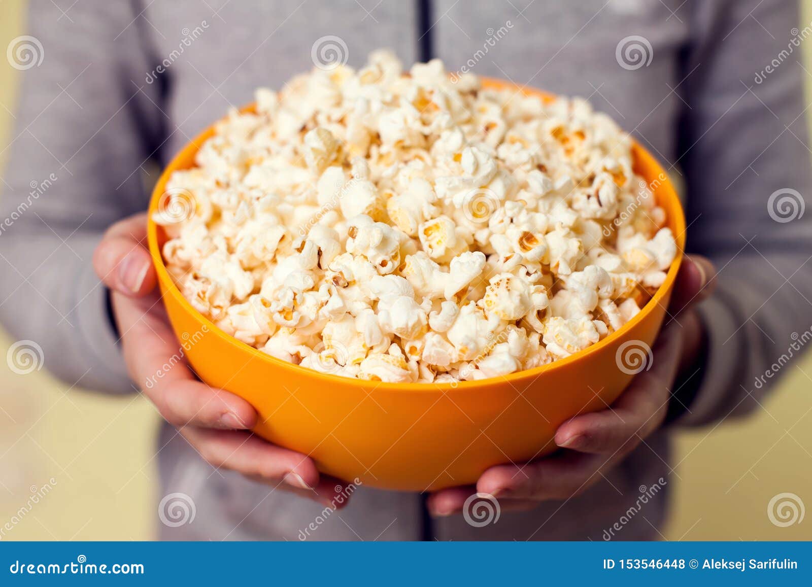 Hands Holding a Popcorn Box. People, Food Concept Stock Photo - Image ...