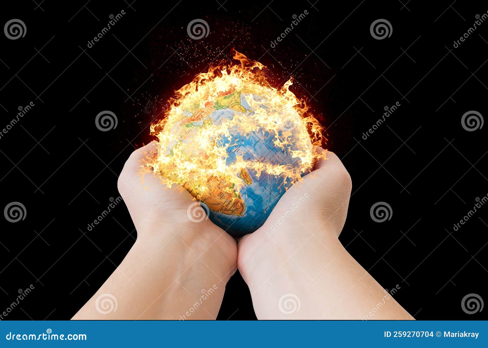 Hands Holding a Small Globe Model in Fire Stock Photo - Image of hold ...