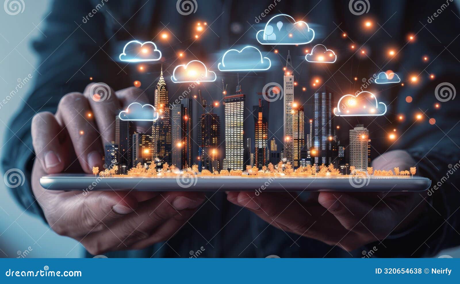 Hands Holding a Smart City in the Cloud Symbolize the Integration of ...