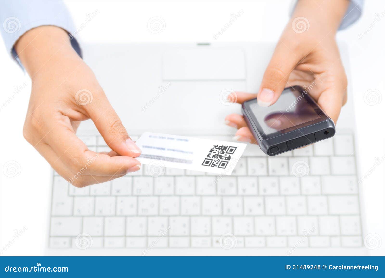 Hands Holding Smart Phone and Business Card with Qr Code Stock Photo ...