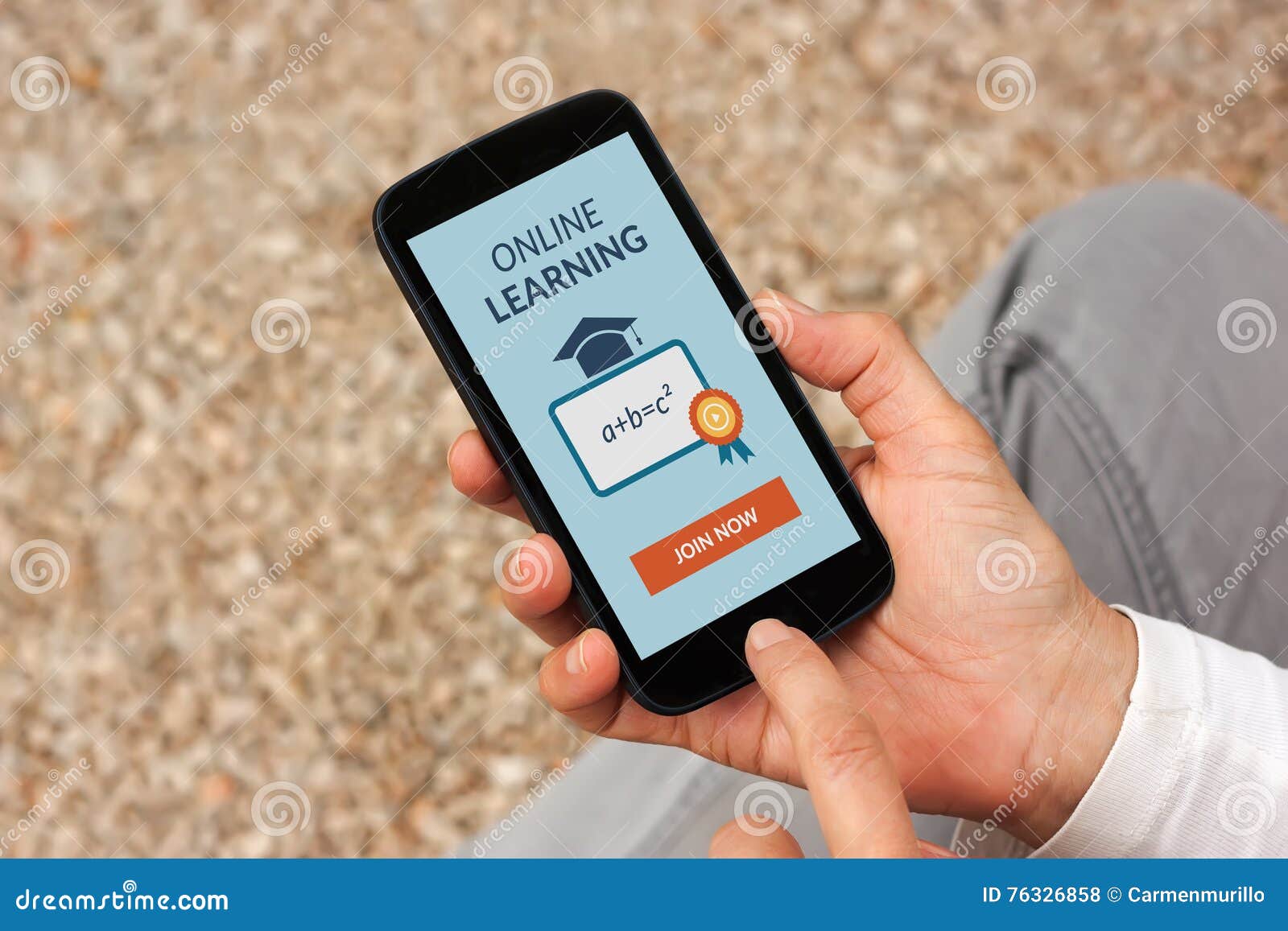 Hands Holding Smart Phone with Online Learning Concept on Screen Stock ...