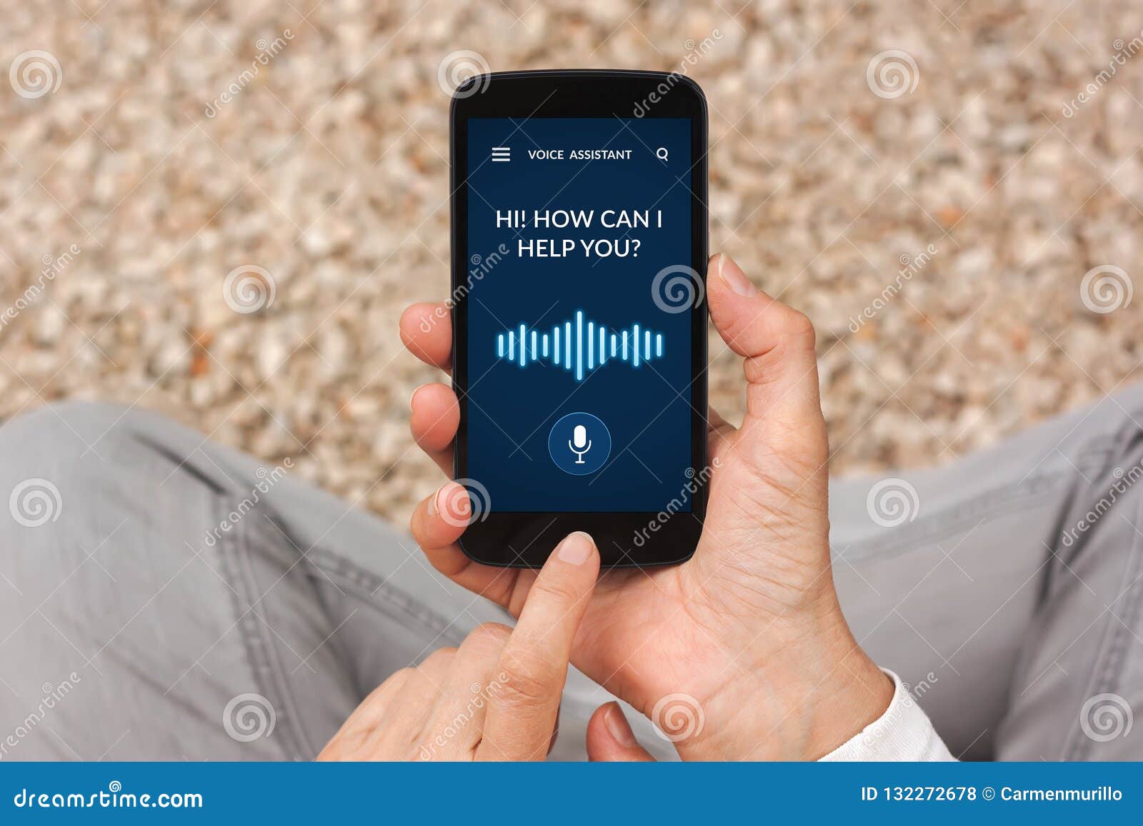 Hands Holding Smart Phone with Voice Assistant Concept on Screen Stock ...