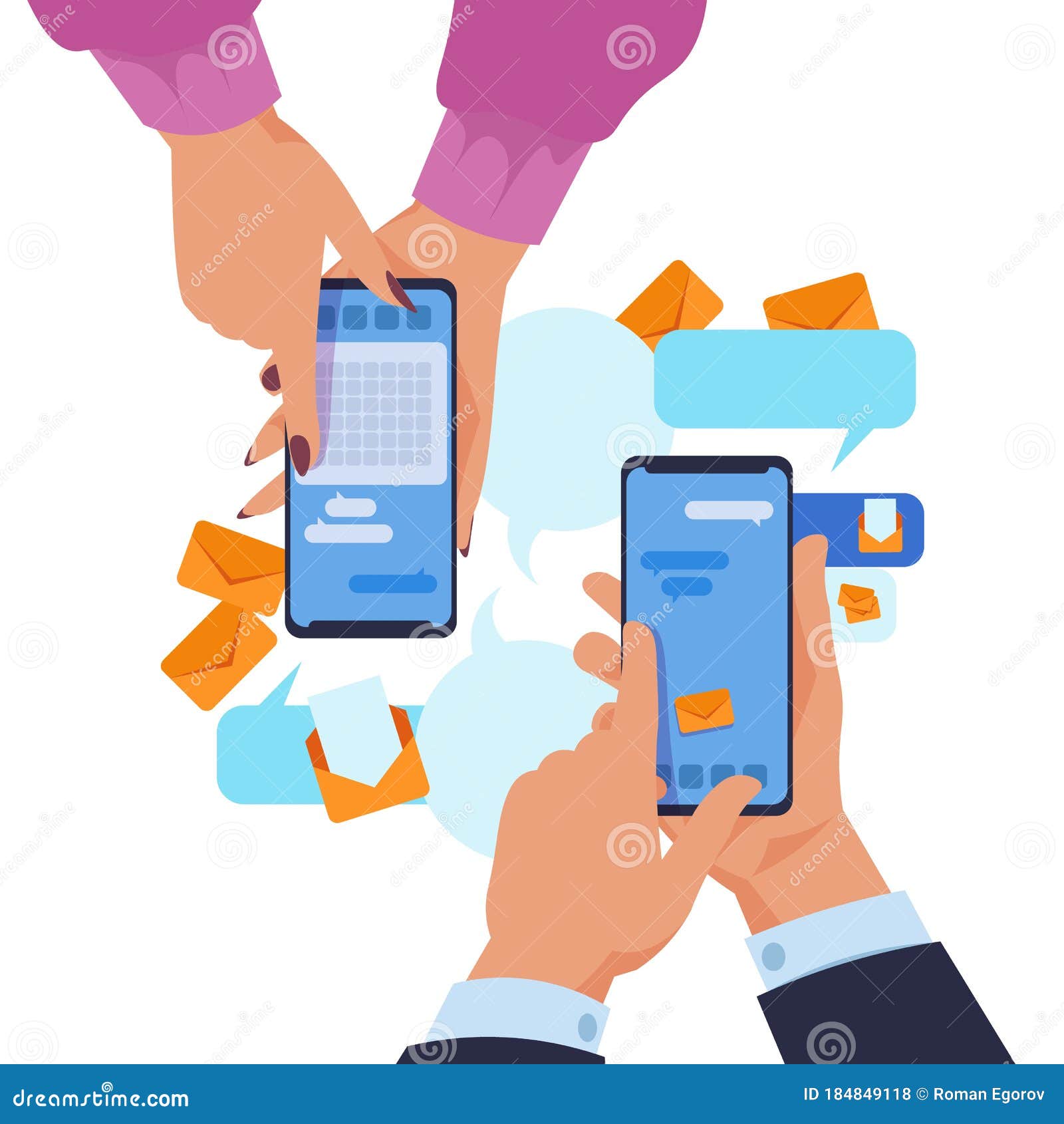 Hands Holding Smartphone Cartoon Text Messaging And Content Sharing