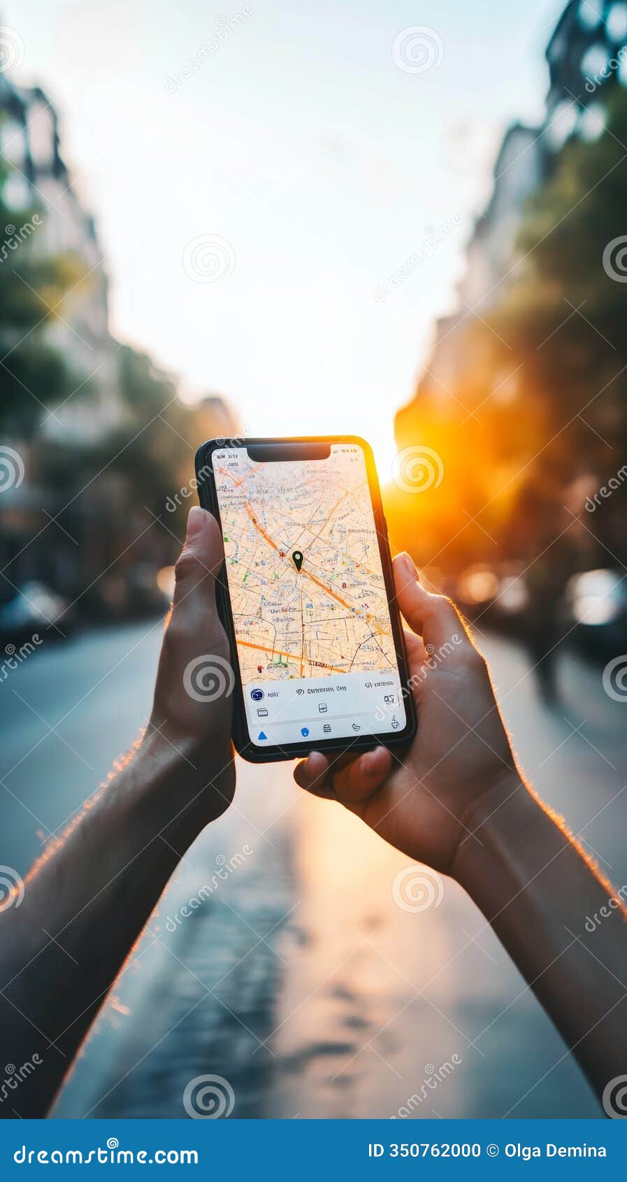 Tourist Using Navigation App on Smartphone at Sunset in City Street ...