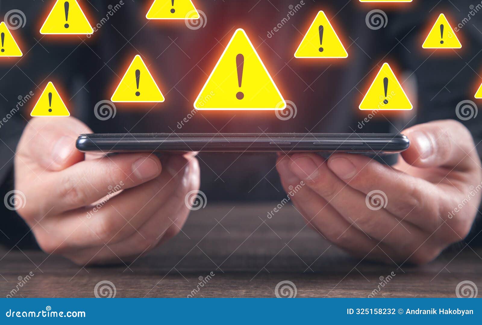 Hands Holding Smartphone. Warning. Digital Technology System Error ...