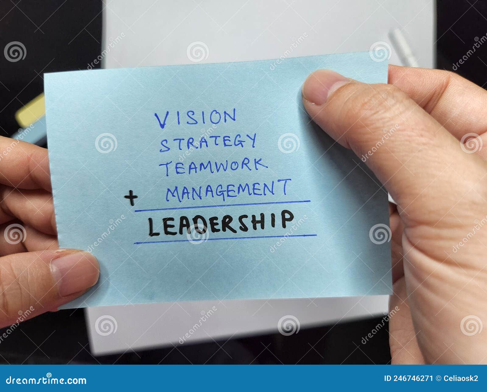 Hands Holding a Sticky Note with Words Vision, Strategy, Teamwork ...