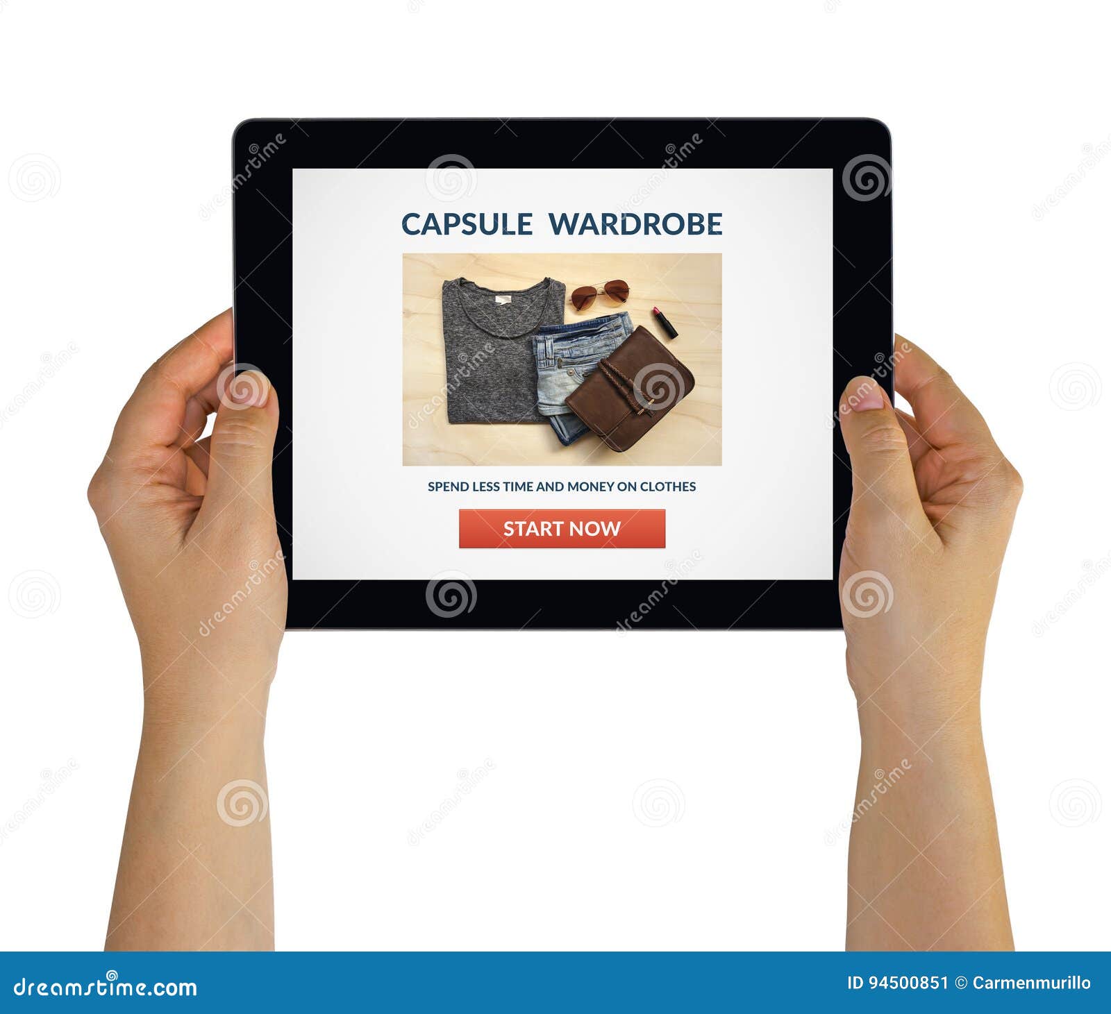 Hands Holding Tablet with Capsule Wardrobe Concept on Screen Stock ...