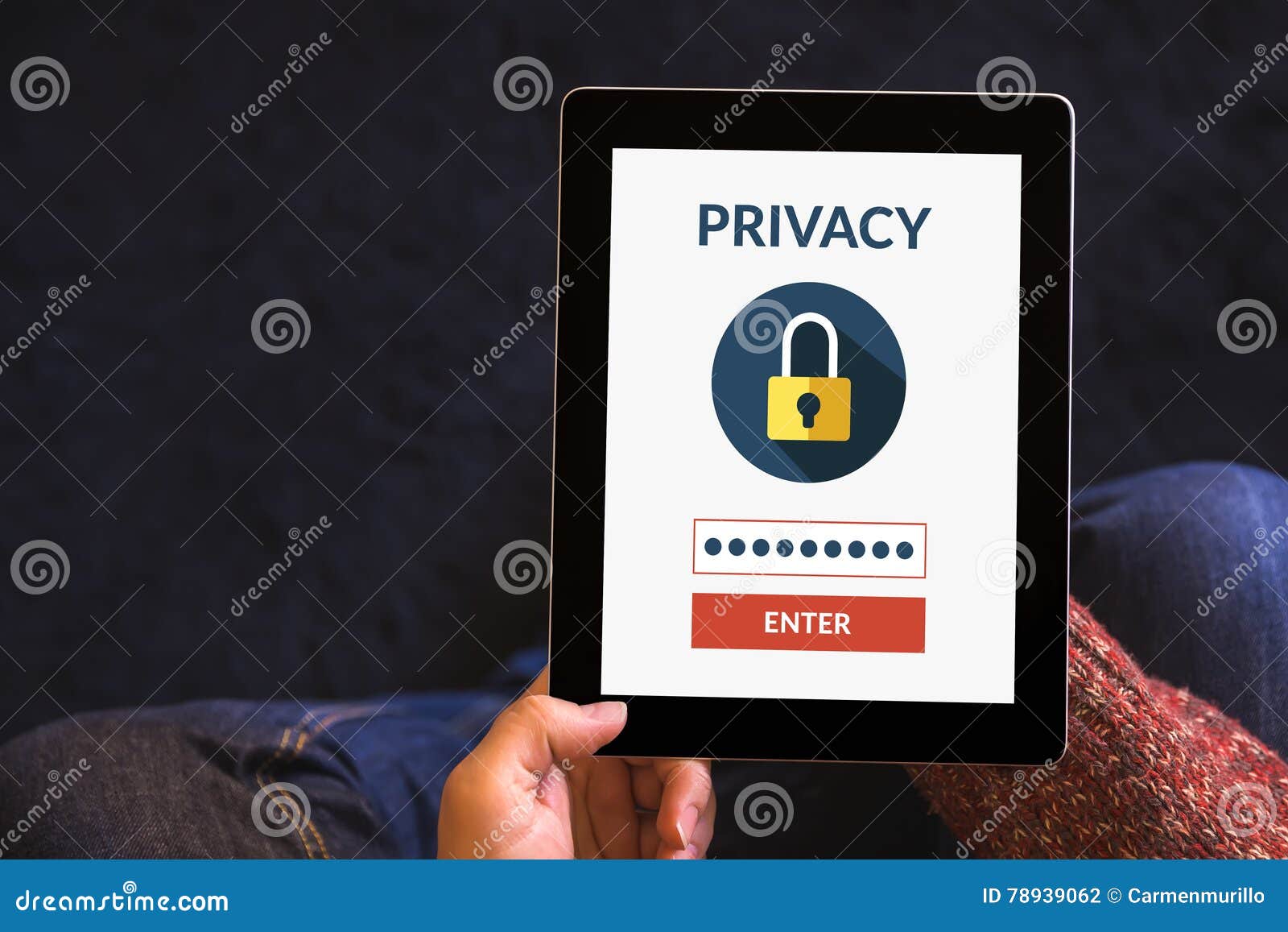 Hands Holding Tablet Computer with Online Privacy Concept on Screen ...