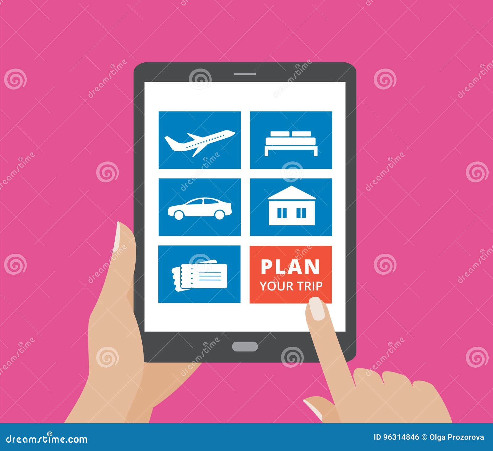 Hands Holding Tablet Computer and Touching Screen with Icons of Hotel ...