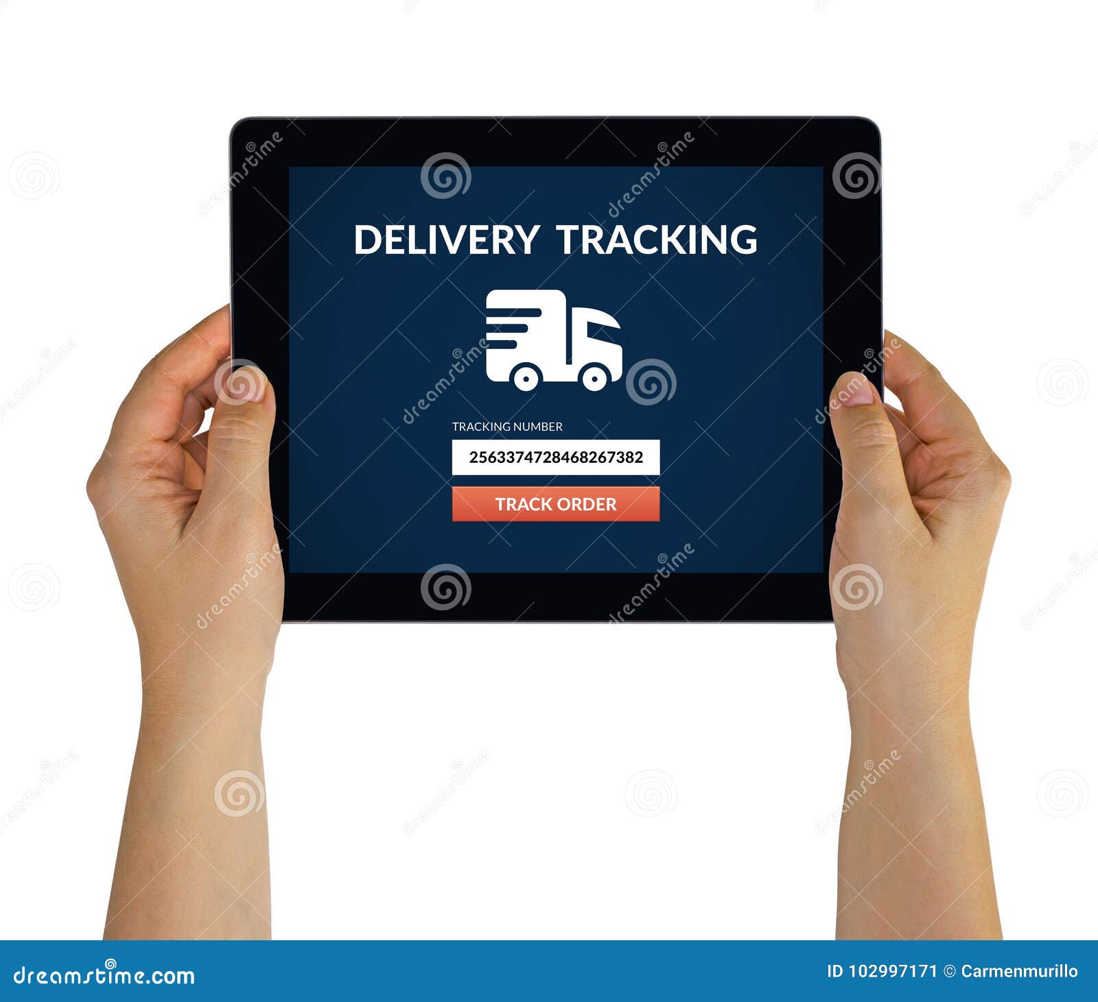 Hands Holding Tablet with Delivery Tracking Concept on Screen Stock ...