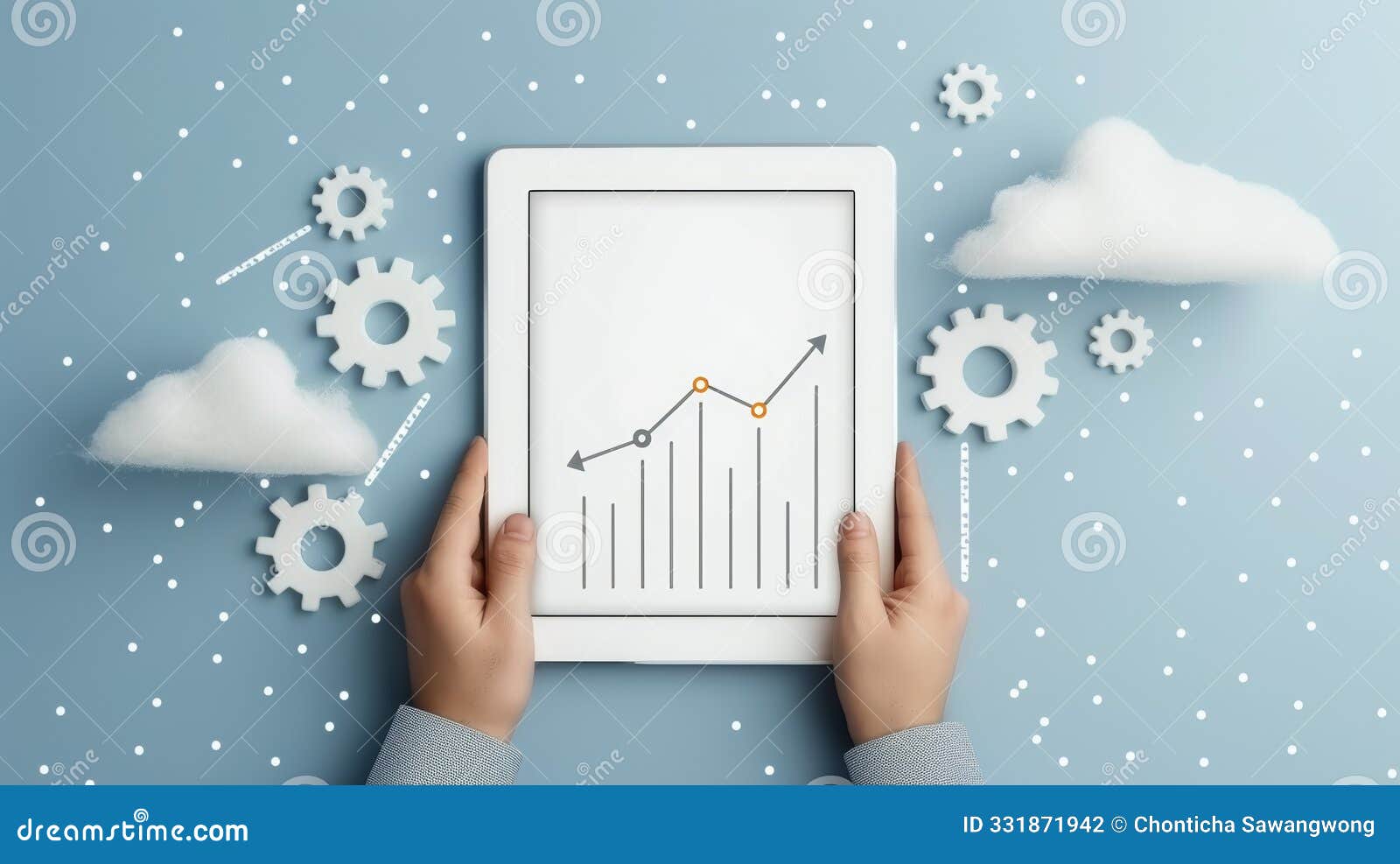 Hands Holding a Tablet with a Graph Showing Growth. Clouds and Gears ...