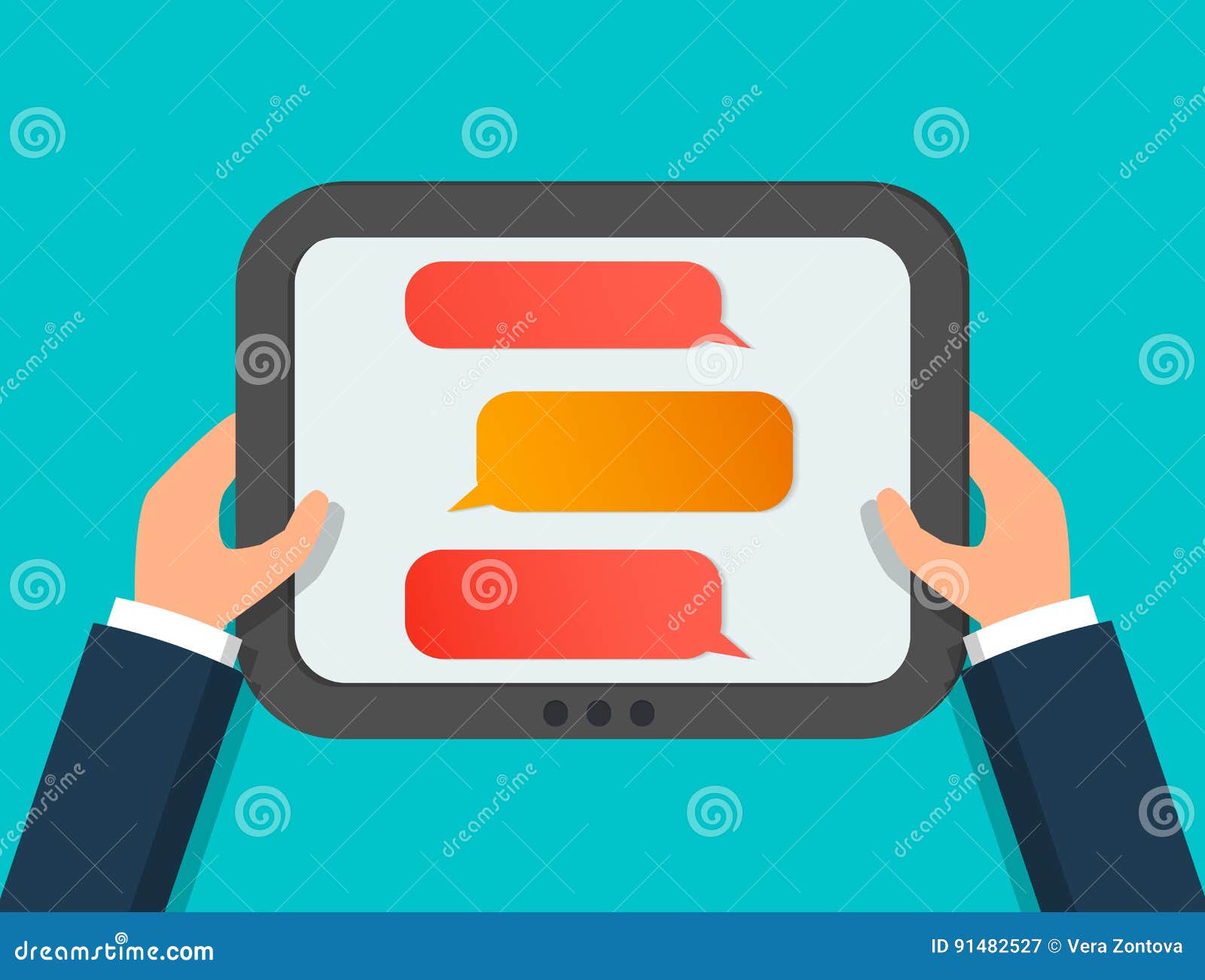 Hands Holding Tablet with Messaging App. Stock Vector - Illustration of ...