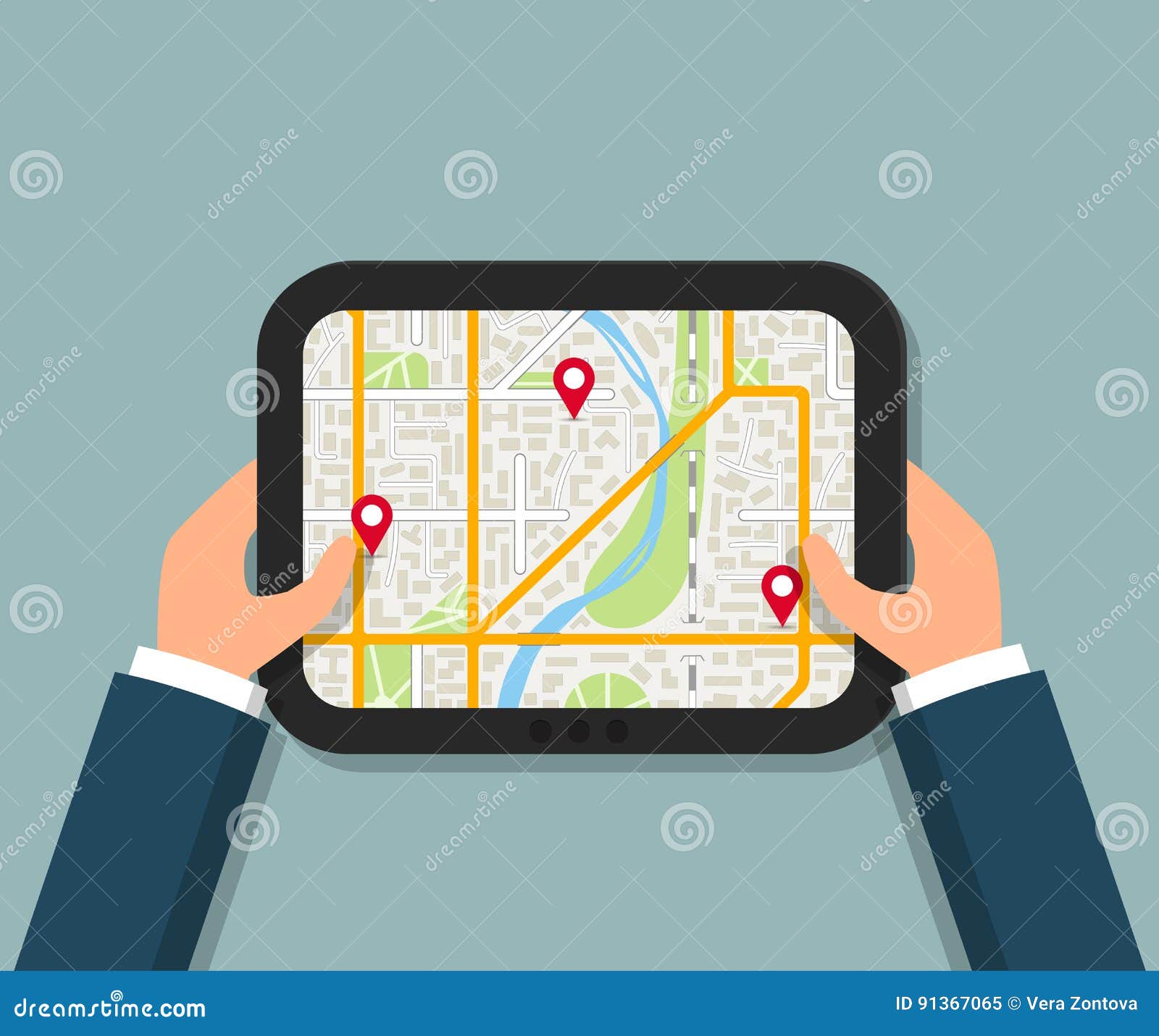 Hands Holding Tablet with Online City Map. Stock Vector - Illustration ...