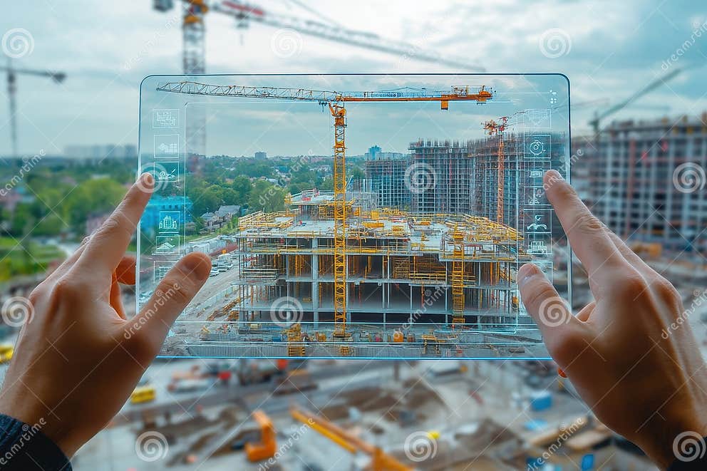 Hands Holding Tablet Showing Augmented Reality Construction Site Stock ...