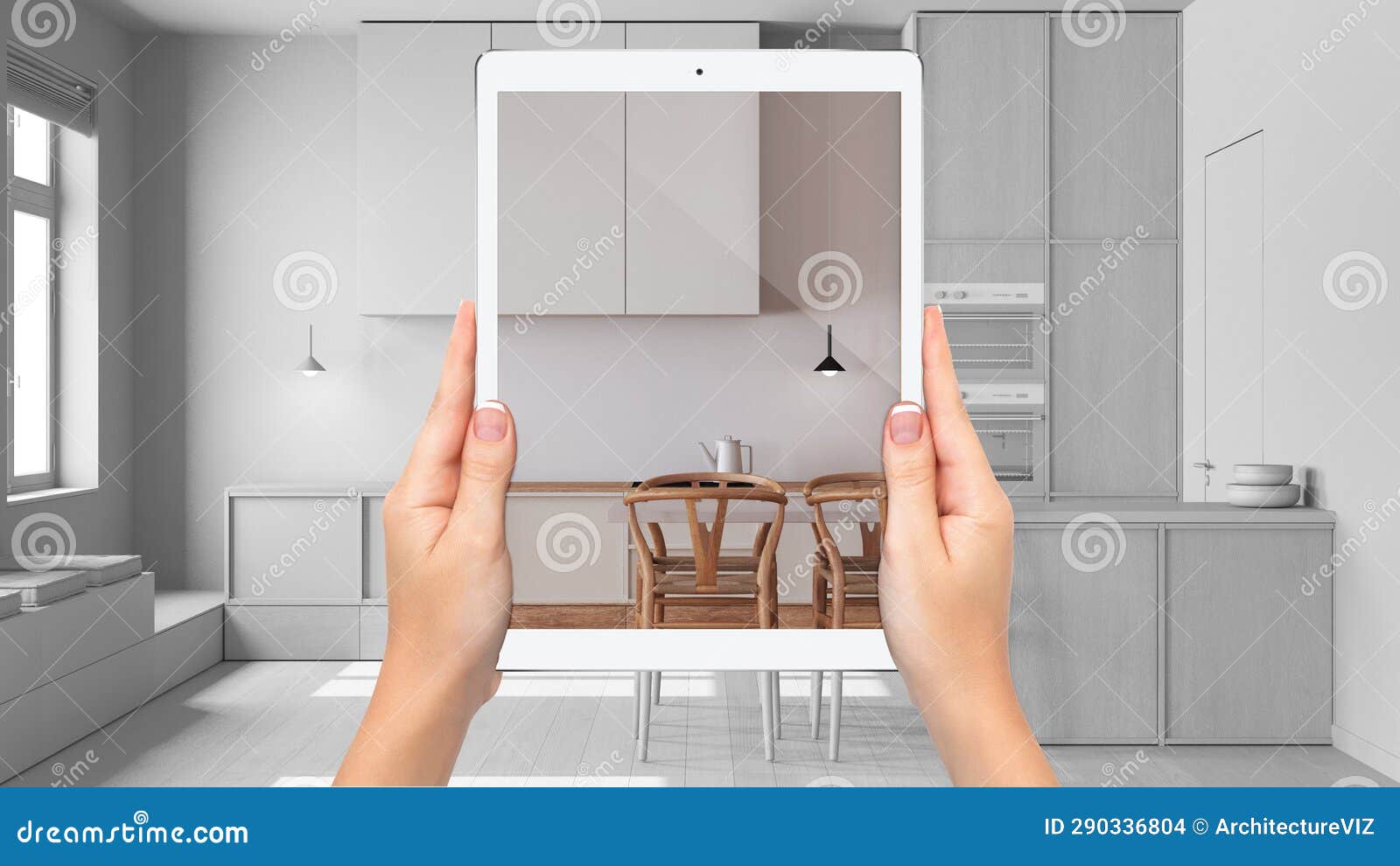 Hands Holding Tablet Showing Minimal Kitchen with Island, Total Blank ...