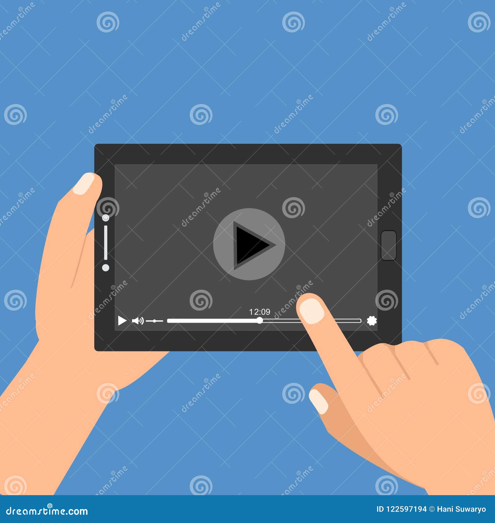 Hands Holding Tablet with Video Player on Screen. Vector Flat ...