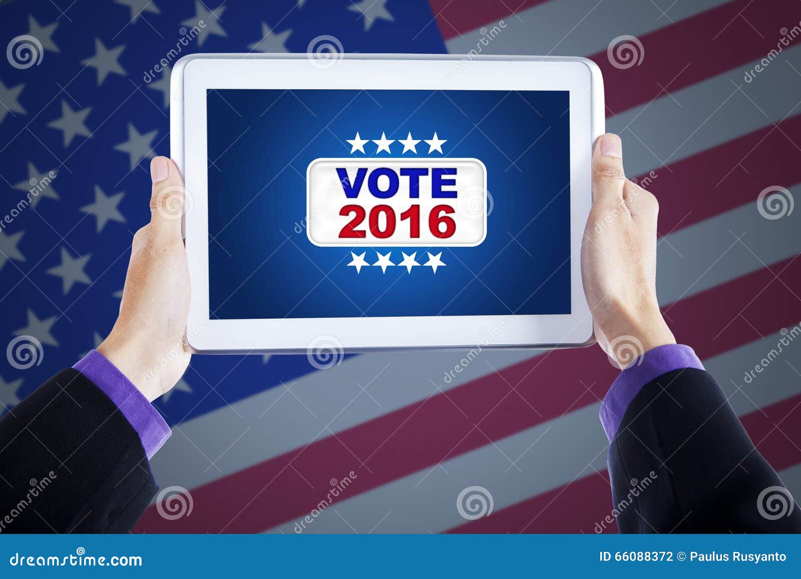 Hands Holding Tablet with Vote Button Stock Photo - Image of government ...