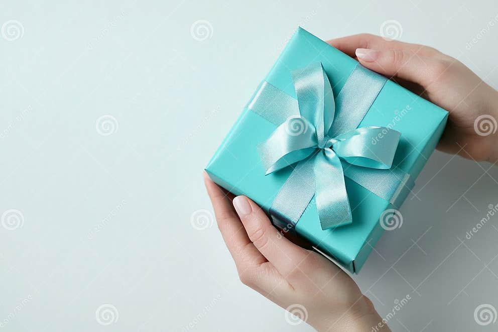 Hands Holding a Teal Gift Box with a Satin Bow on a Light Background ...