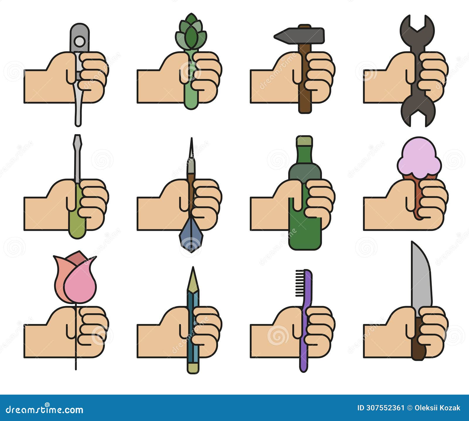 Hands Holding Things. Various Objects in Human Hands Stock Illustration ...