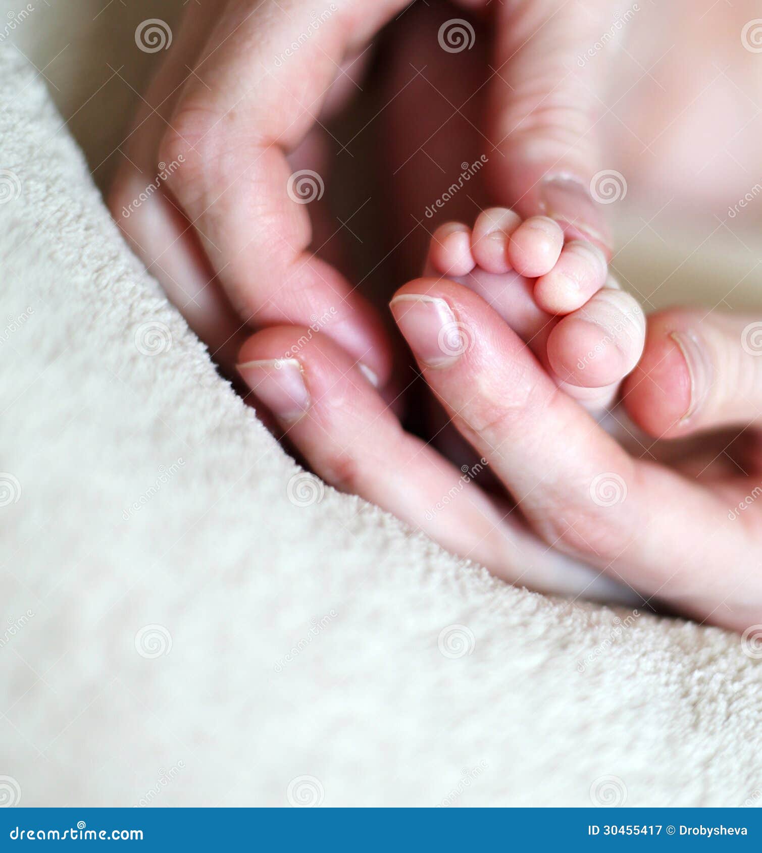 Hands Holding Tiny Foot of Newborn Baby Stock Image - Image of bright ...