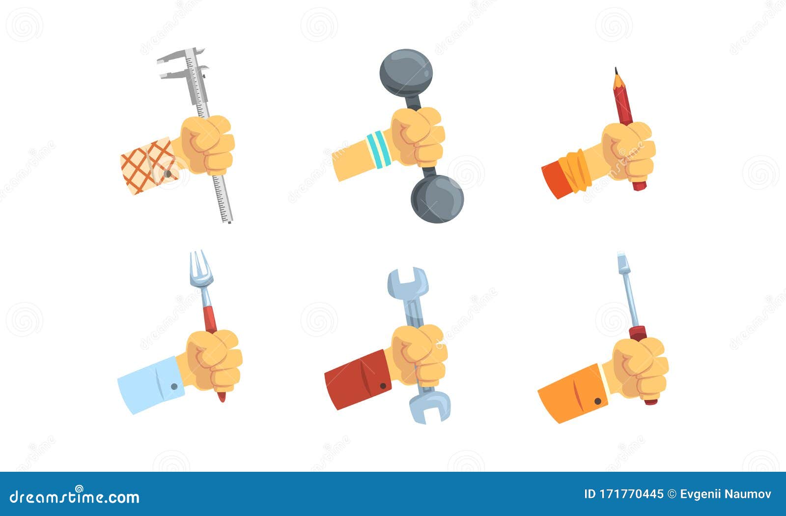 Hands Holding Tools Set, Male Hand with Symbols of Different ...