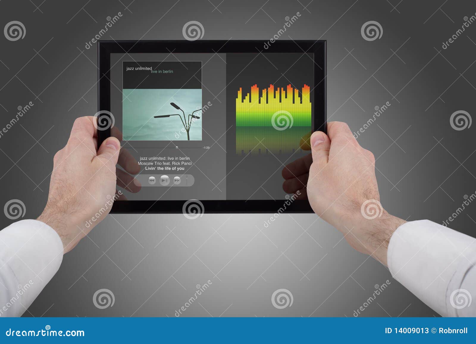 Hands Holding a Touchpad Pc, Using Music Programme Stock Image - Image ...