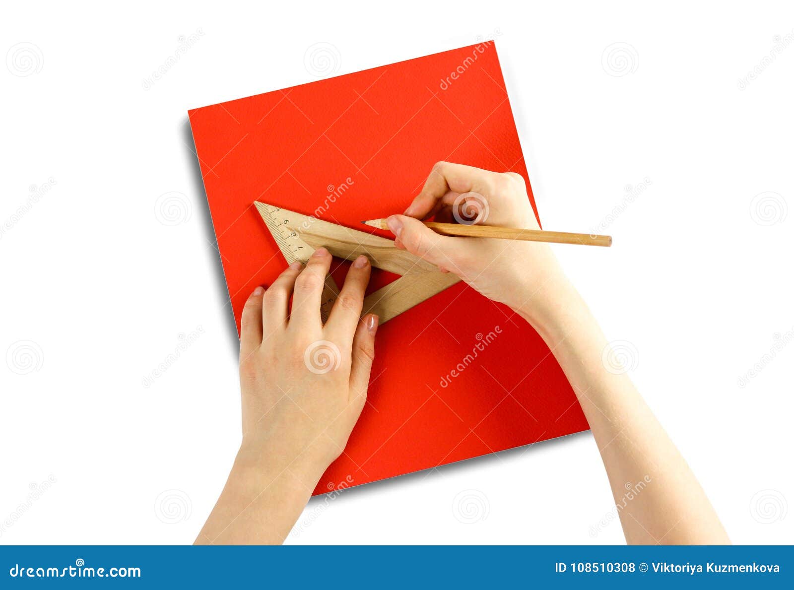 Hands Holding a Triangular Ruler and Pencil on a Red Paper. Closeup ...