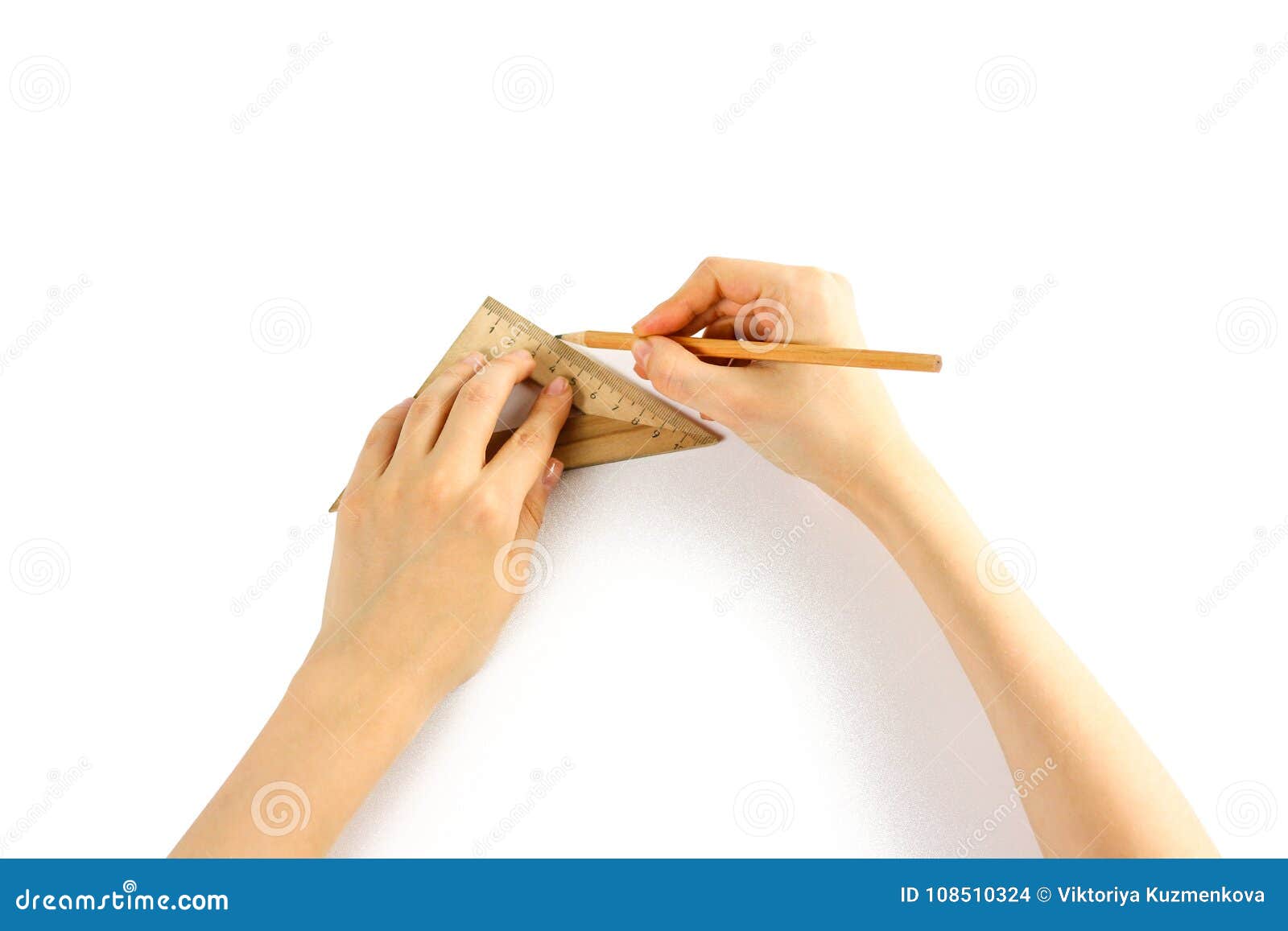 Hands Holding a Triangular Ruler and Pencil on a White Background ...