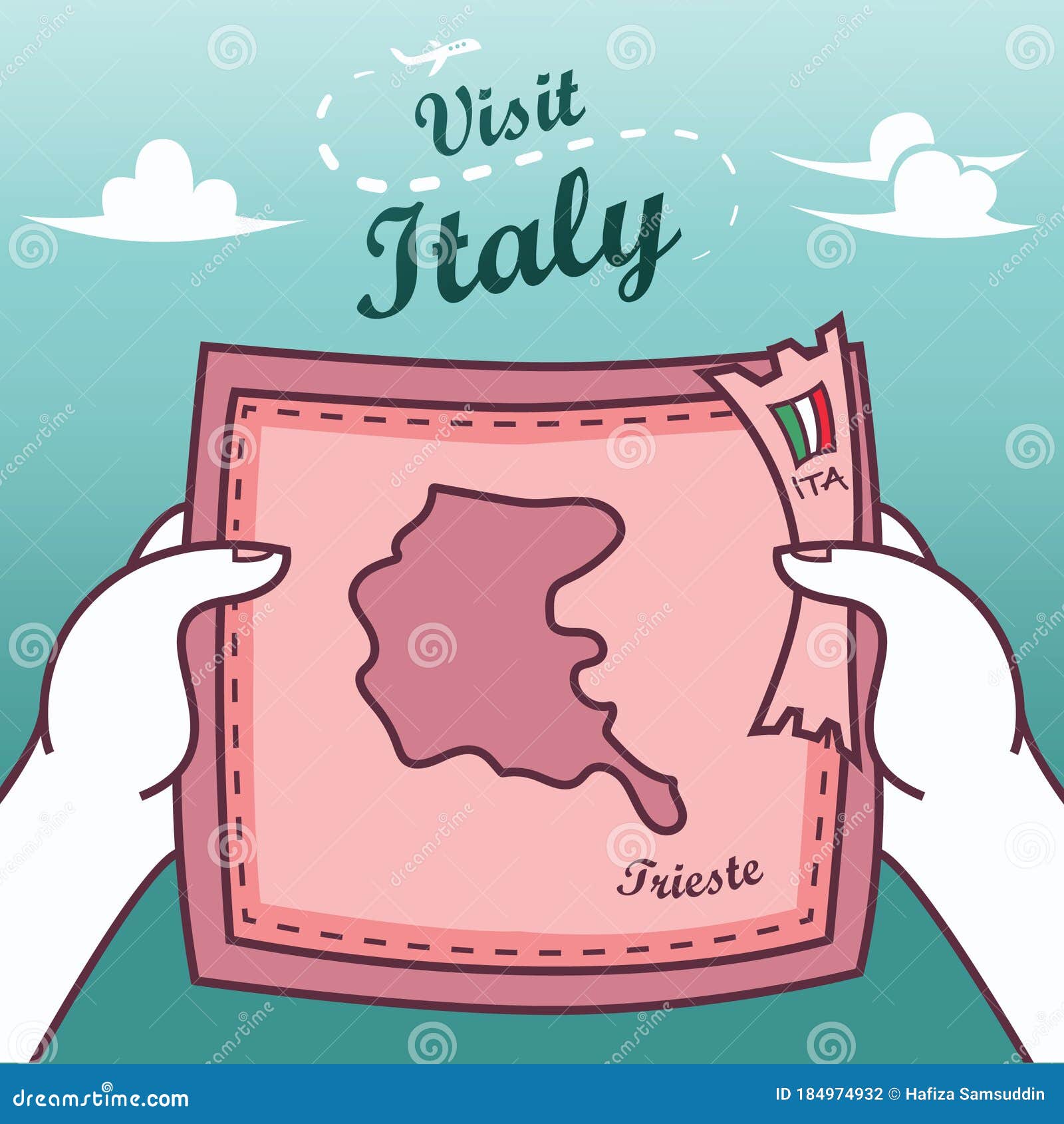 Hands Holding Trieste Paper Map. Vector Illustration Decorative Design ...