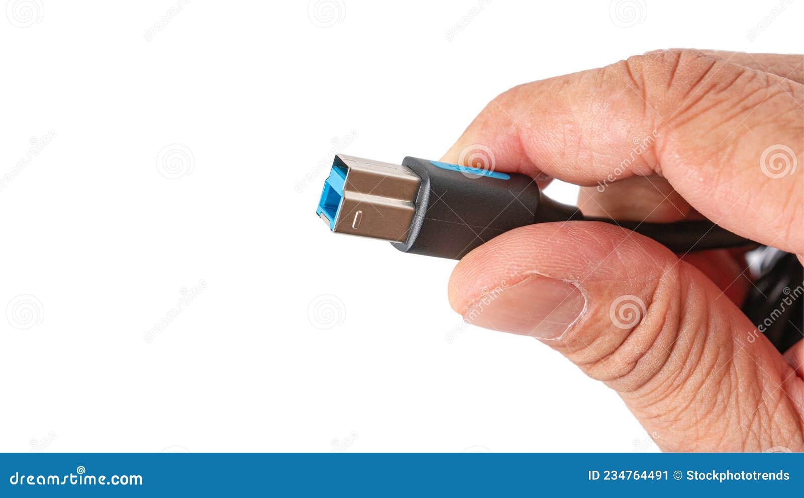 Hands Holding a USB B-male Type Cable Plug Isolated on White Background ...