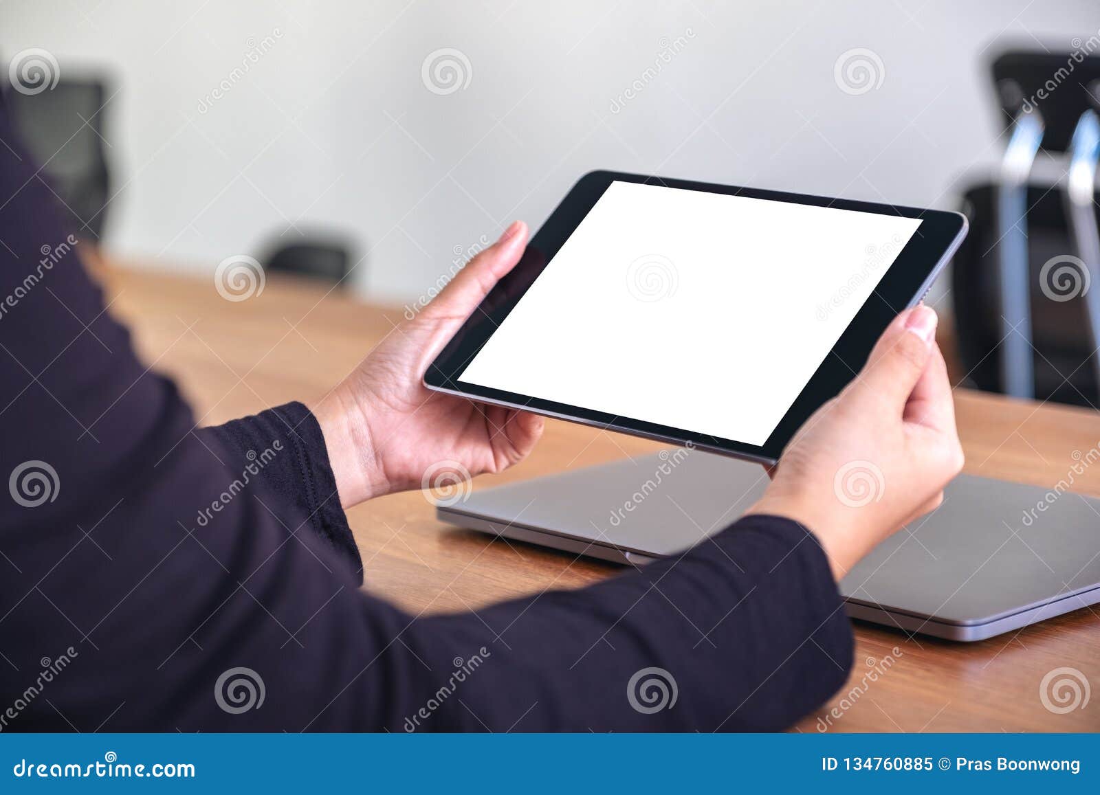 Hands Holding and Using Black Tablet Pc with Blank White Desktop Screen ...