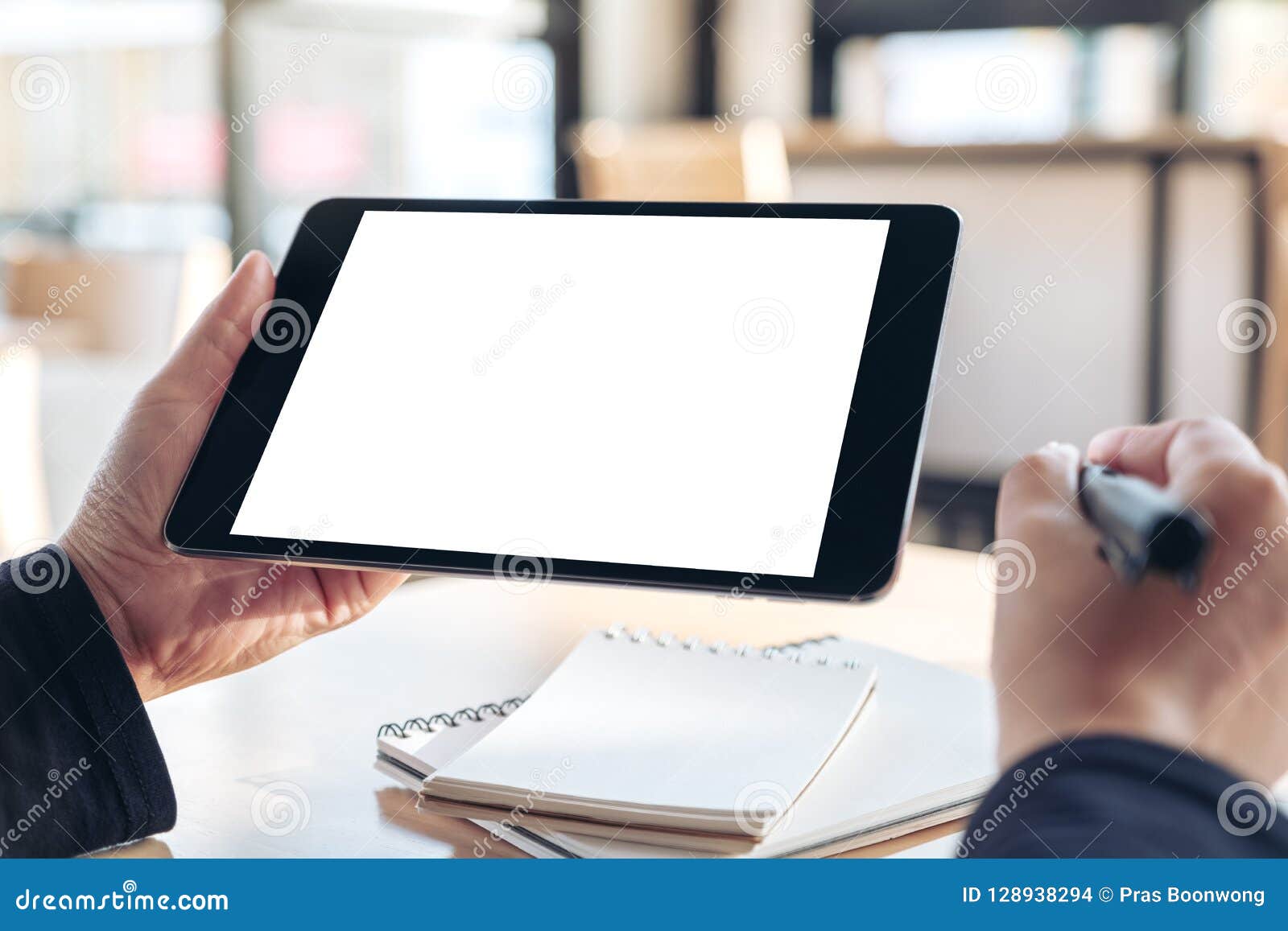 Hands Holding and Using Black Tablet Pc with Blank White Desktop Screen ...