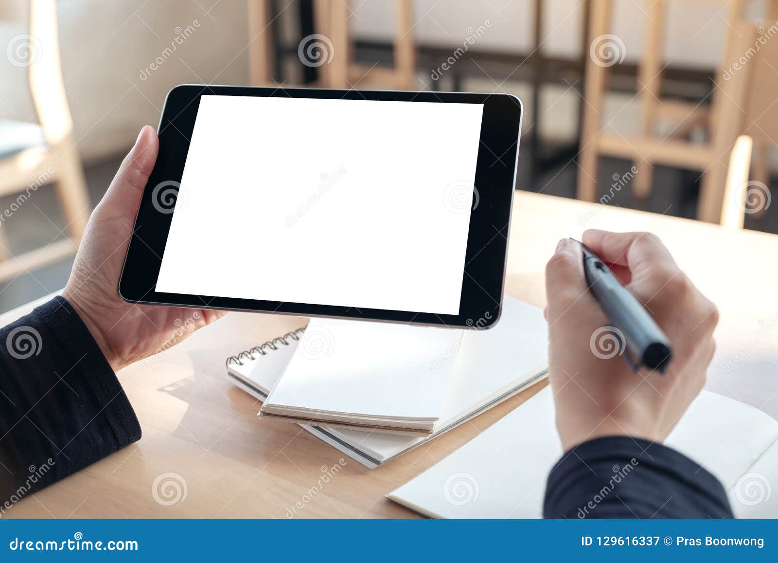 Hands Holding and Using Black Tablet Pc with Blank White Desktop Screen ...
