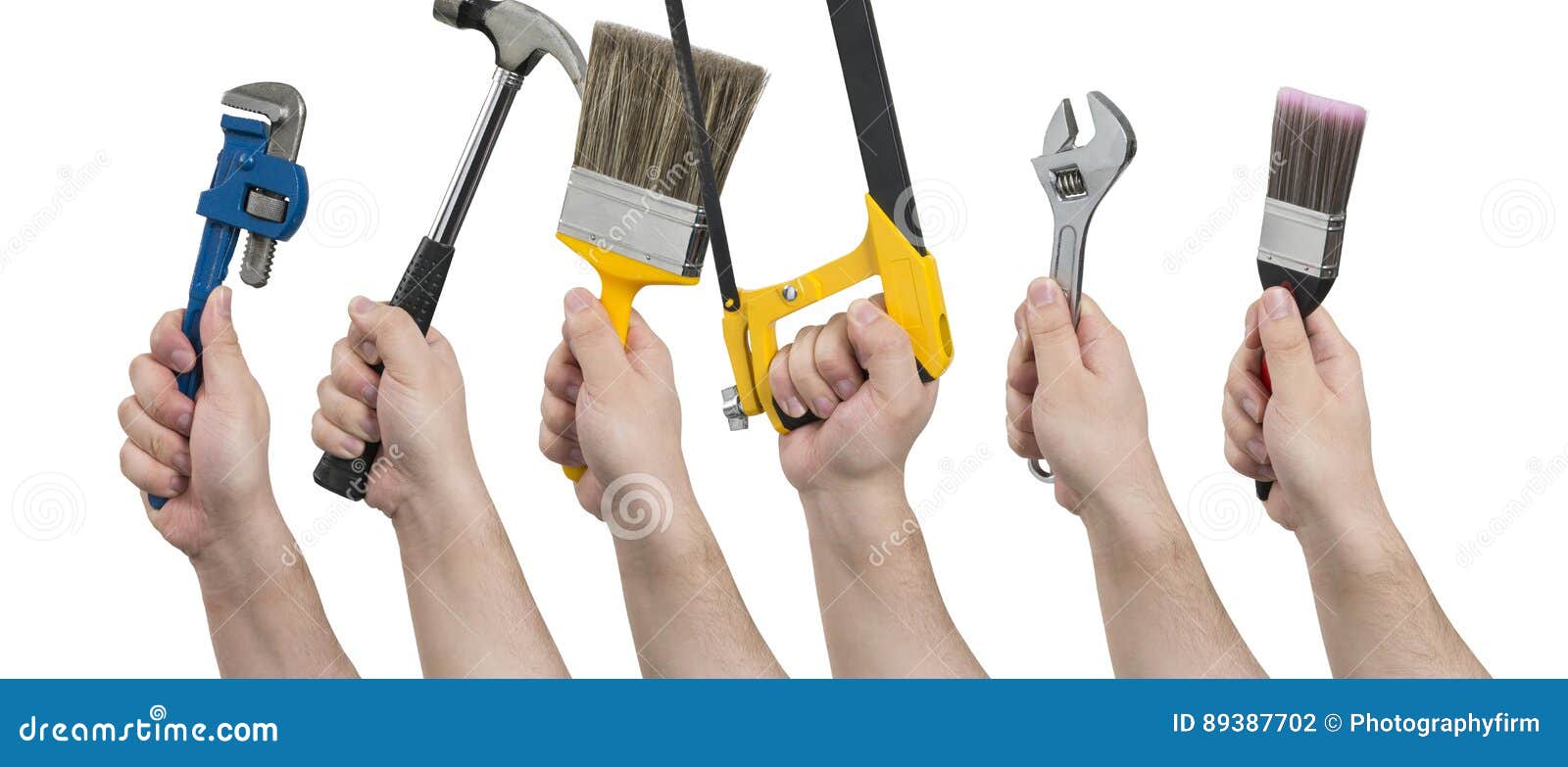 Hands Holding Various Construction Tools Stock Photo - Image of hacksaw ...