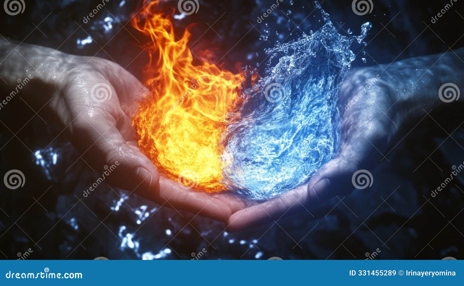 Hands Holding Vibrant Flames and Water, Representing a Battle between ...