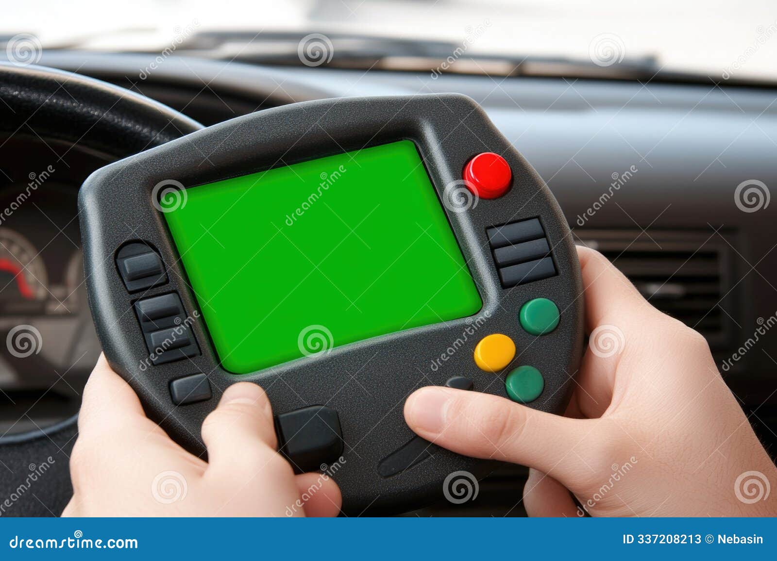 Hands Holding Vintage Game Console Controller with Green Screen in Car ...
