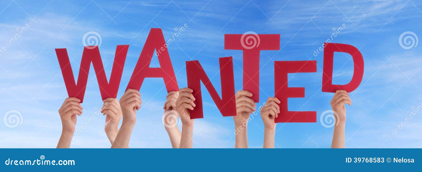Hands Holding Wanted in the Sky Stock Image - Image of hiring ...