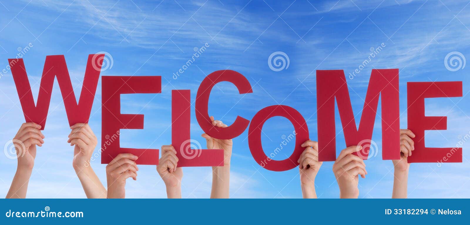 Hands Holding Welcome in Front of the Sky Stock Photo - Image of guest ...