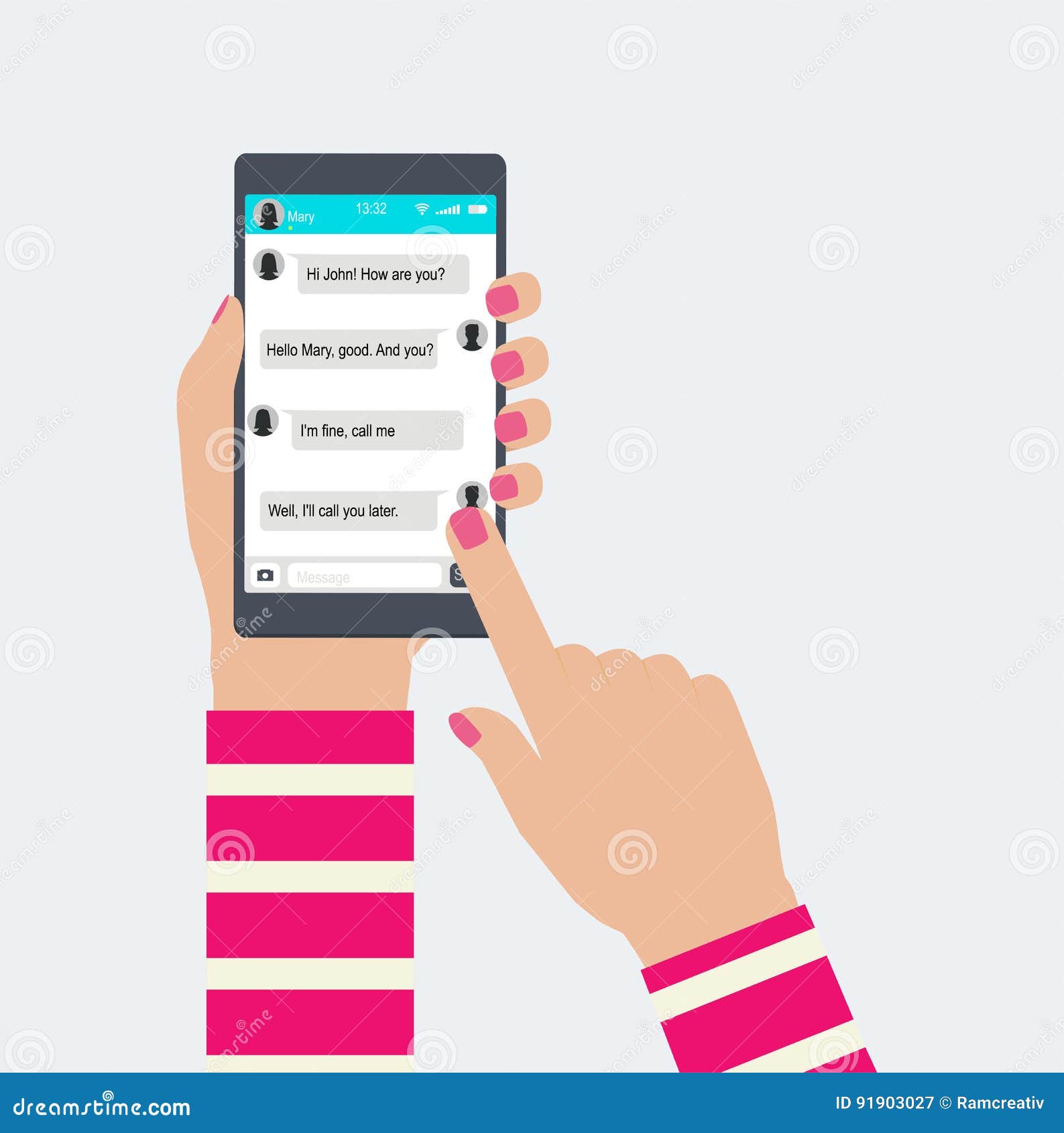 Hands Holds Mobile Phone with Messaging in App. Stock Vector ...