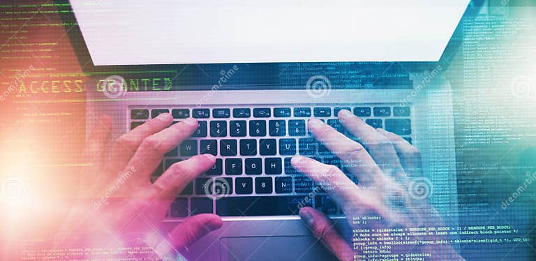 Hands, Holographic and Person with Laptop, Programmer and Coding with ...