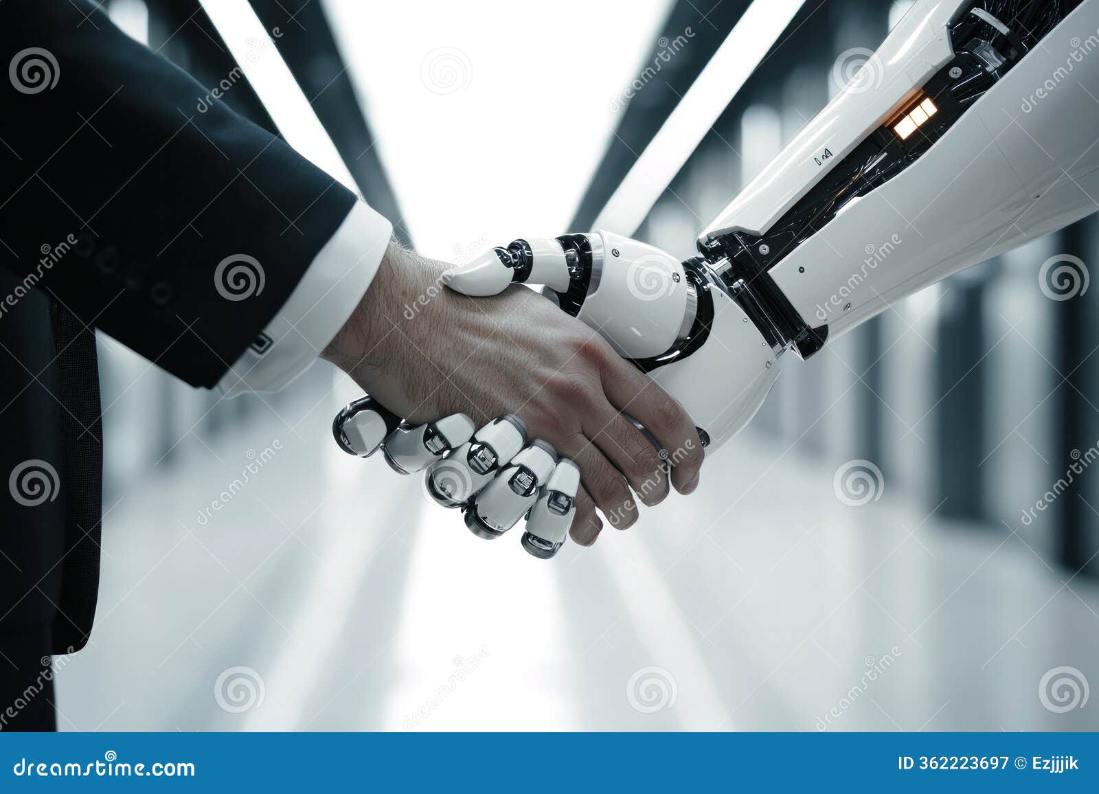 Hands of Human Businessman and Android Robot in Handshake. Friendship ...