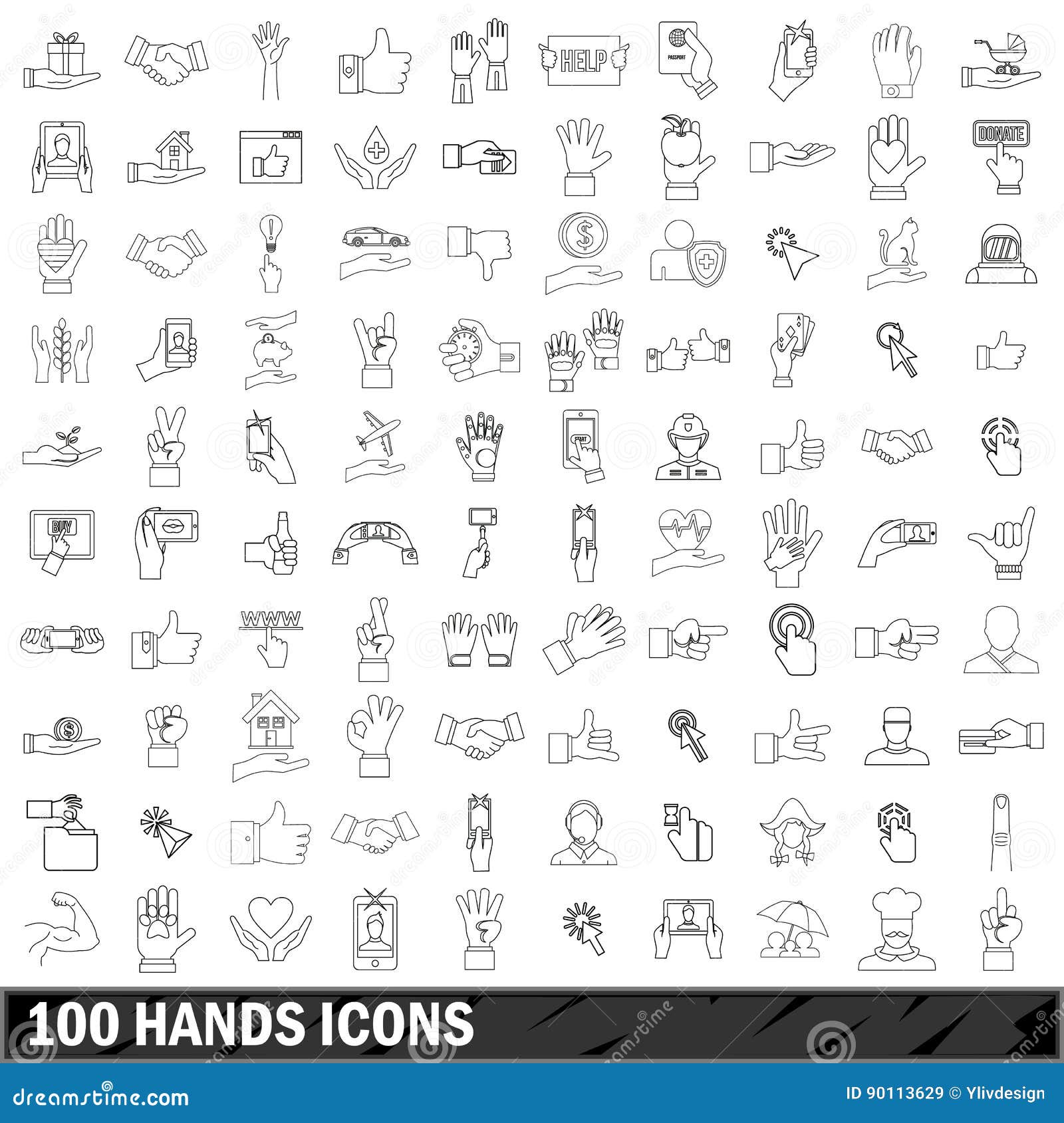 100 Hands Icons Set, Outline Style Stock Vector - Illustration of black ...